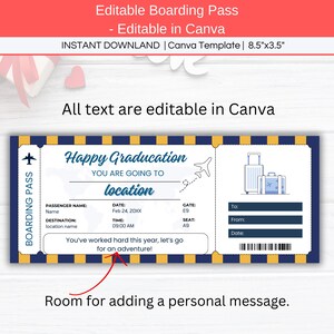 Boarding Pass Graduation Gift, Editable Surprise Trip Ticket Voucher ...