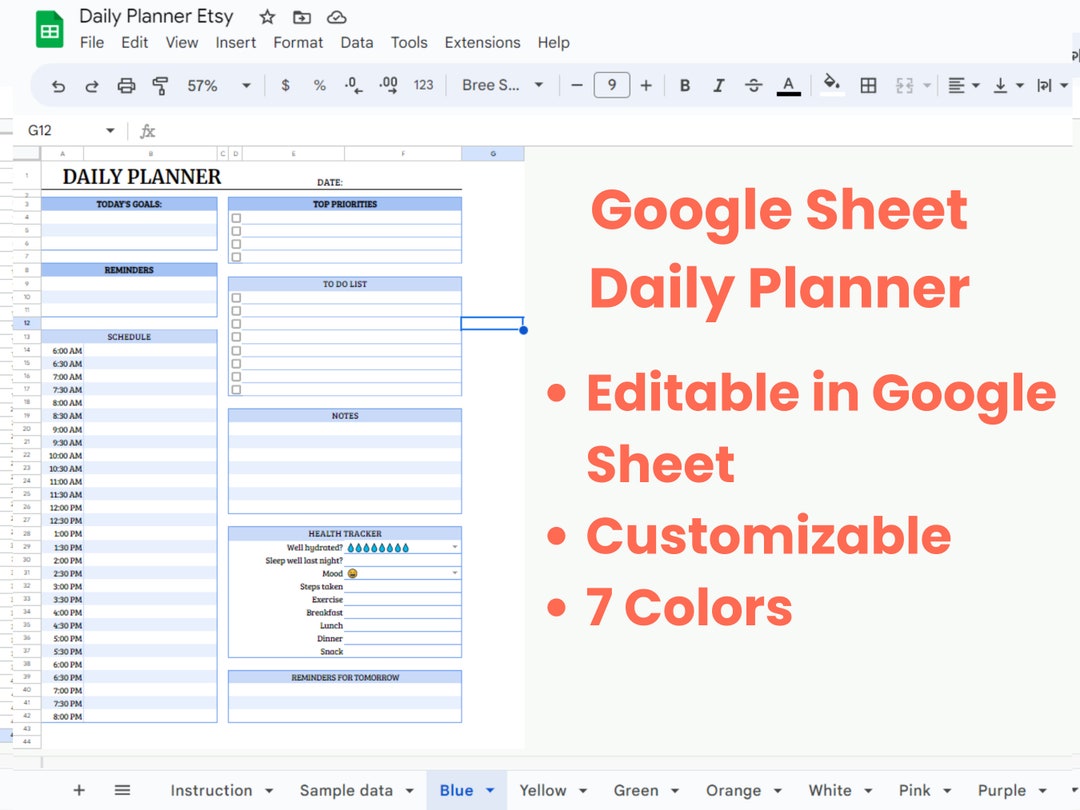 Daily Planner Google Sheet in 7 Colors, Hourly Scheudle, to Do List ...