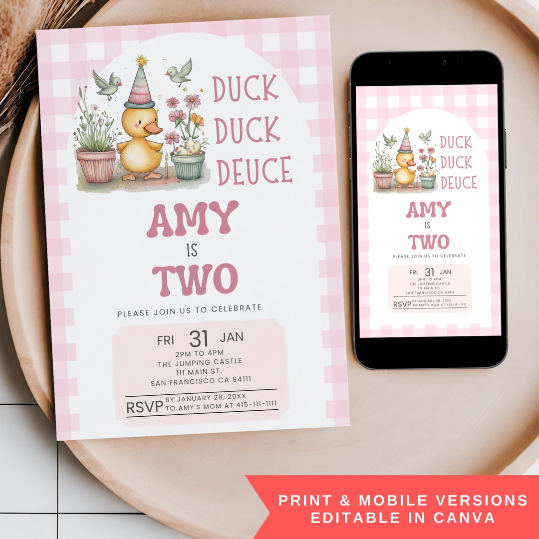 Duck Duck Deuce Birthday Invitations, Duck Theme Toddler Girl 2nd ...