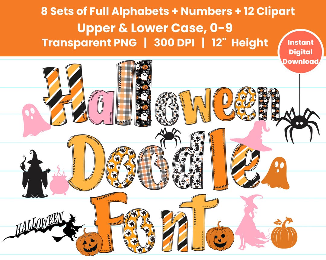 Halloween Doodle Font Alphabet Clipart Bundle, 8 Full Sets Alpha ...
