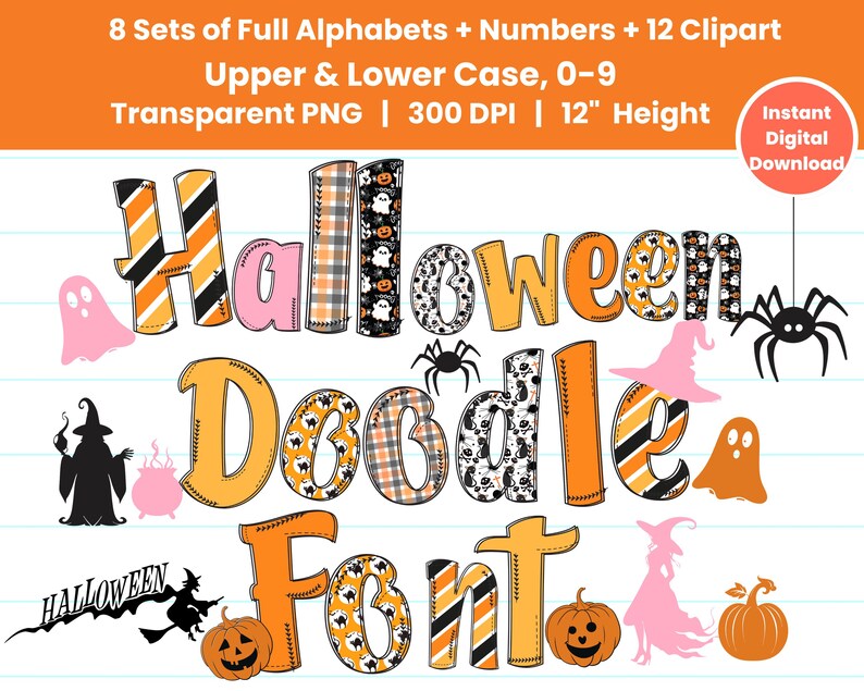 Halloween Doodle Font Alphabet Clipart Bundle, 8 Full Sets Alpha ...
