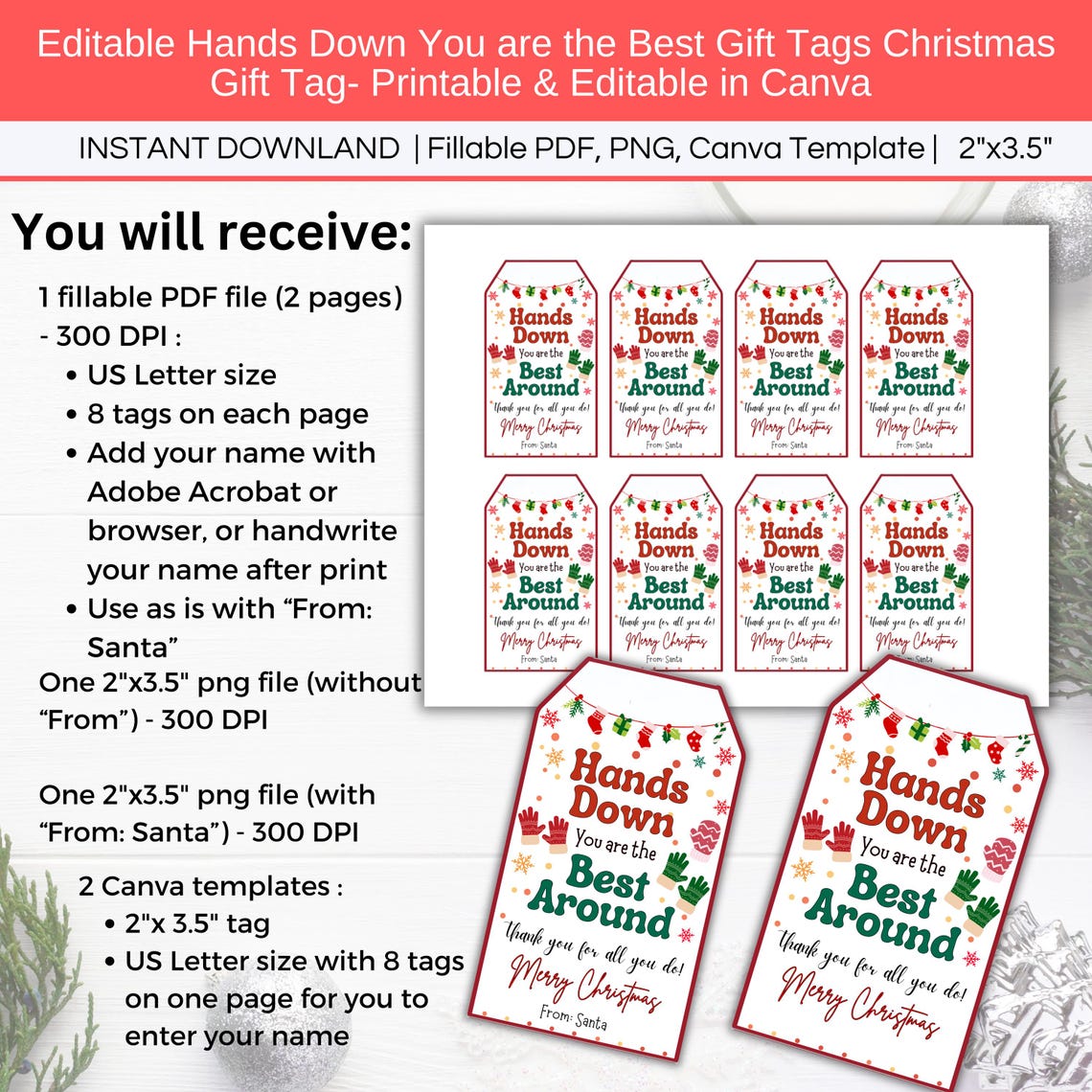 Hands Down You're the Best Tag, Editable Christmas Thank You Gift Tag ...