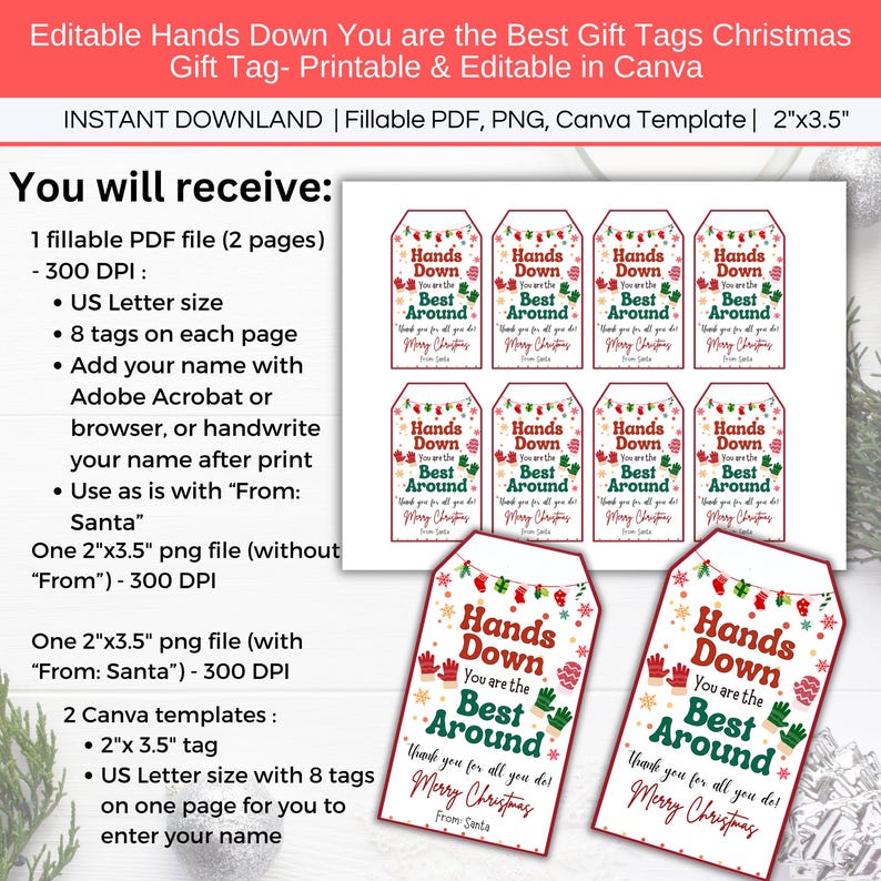 Hands Down You're the Best Tag, Editable Christmas Thank You Gift Tag ...