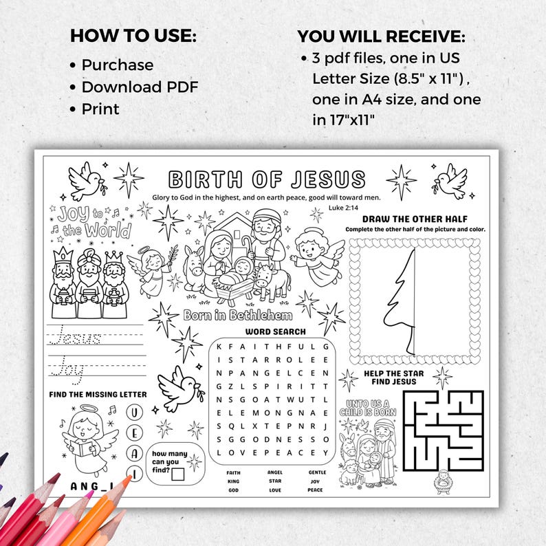 Nativity Activity Placemat for Kids, Christmas Birth of Jesus Coloring ...