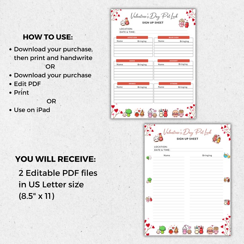 Editable Valentine's Day Pot Luck Sign up Sheet Printable, Potluck ...