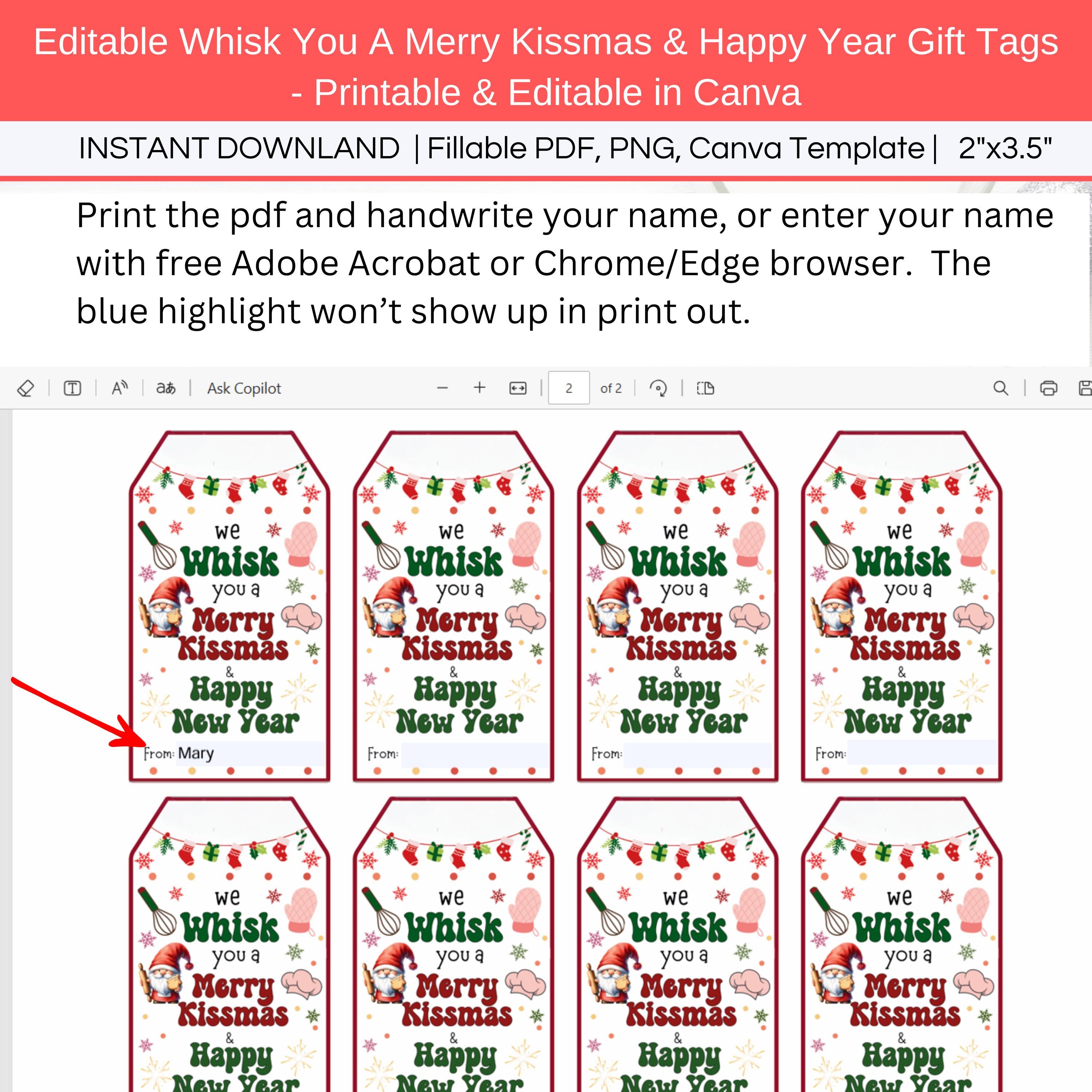Editable We Whisk You a Merry Kissmas & Happy New Year Gift Tag, Baking ...