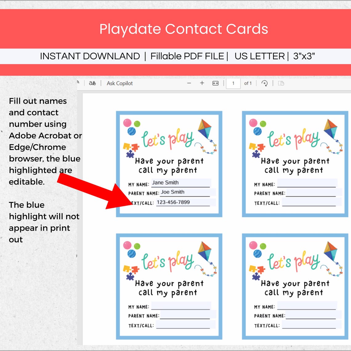 Printable Kids Playdate Cards, Fillable Keep in Touch Cards, Kids ...