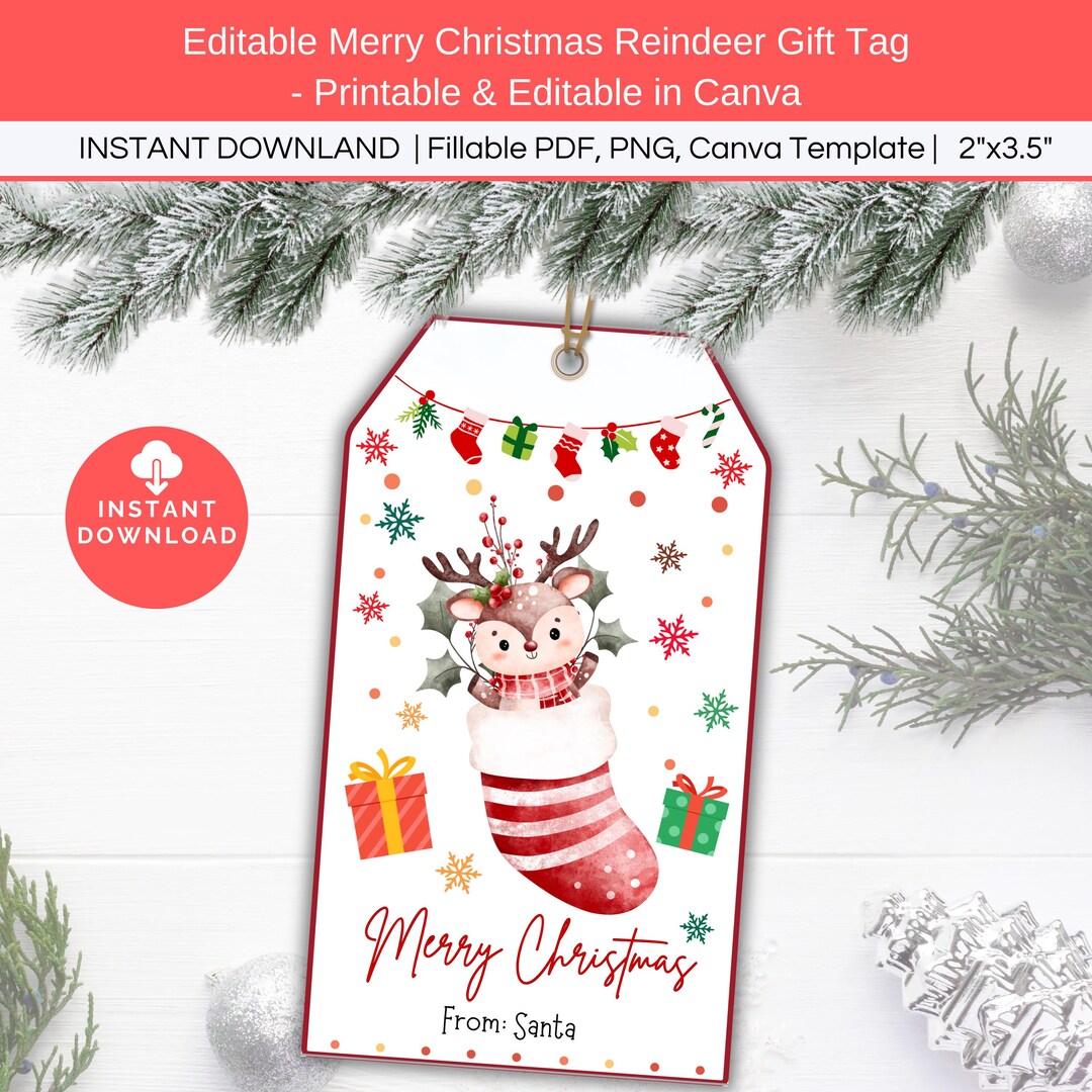 Printable Reindeer Gift Tags, Editable Christmas Treat Tags, Merry ...
