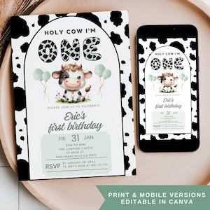 Holy Cow I'm One Birthday Party Invitation, Editable Green Cow Print ...