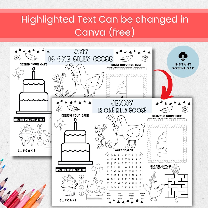 One Silly Goose Birthday Party Coloring Activity Placemat, Editable ...