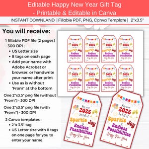 Happy New Year 2025 Gift Tags Printable, Sparkle Joy Gift Tag Editable ...