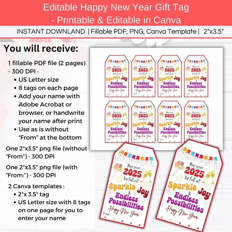 Happy New Year 2025 Gift Tags Printable, Sparkle Joy Gift Tag Editable ...