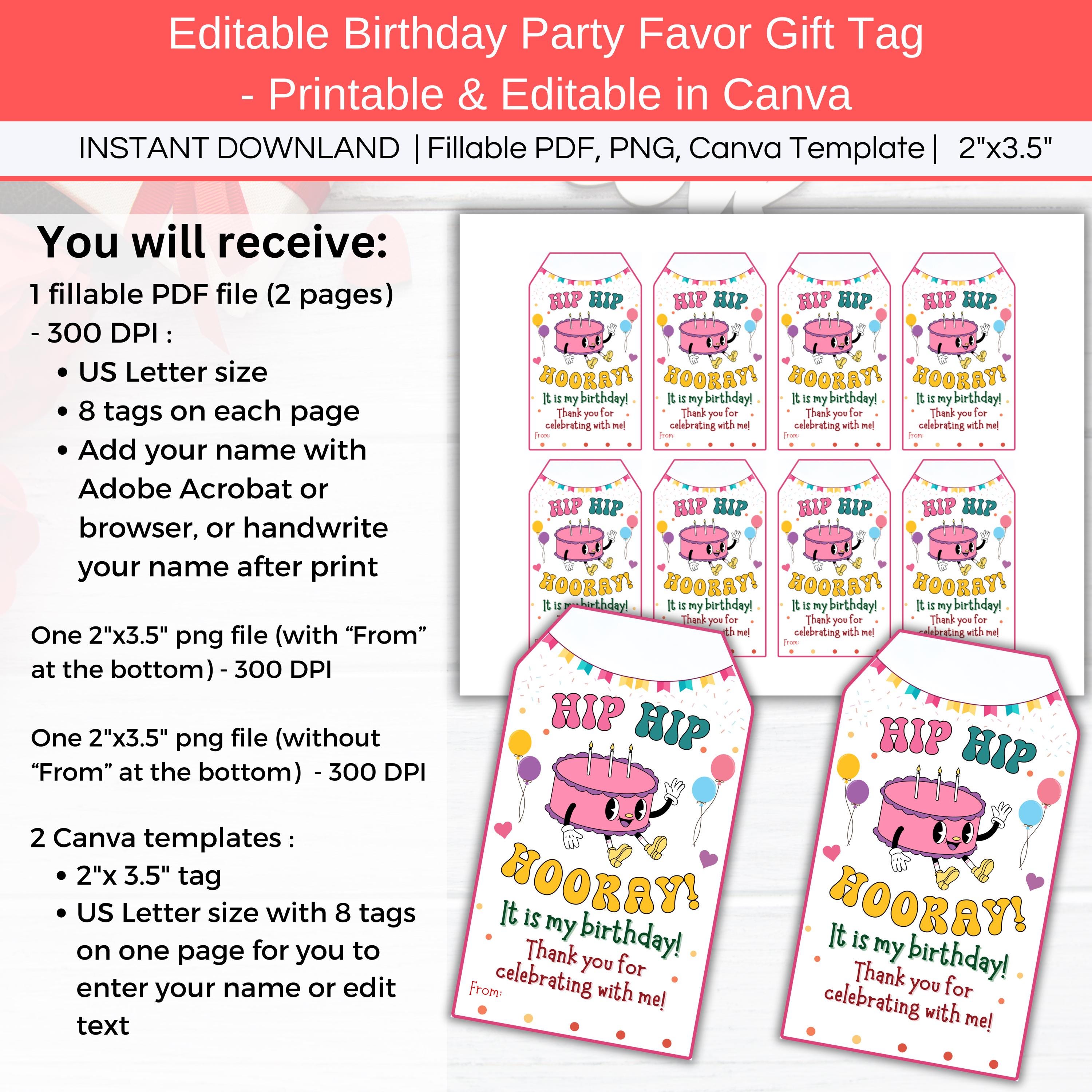 Hip Hip Hooray Birthday Treat Tag Printable, Editable Kids Classroom ...
