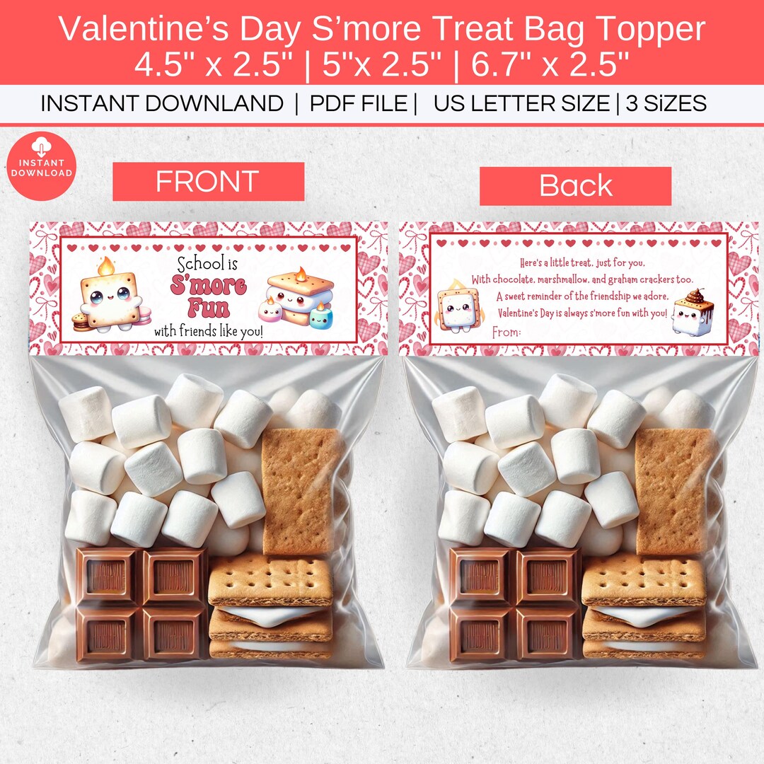 S'more Valentine Treat Bag Toppers Printable Kids Tags, DIY Snack ...