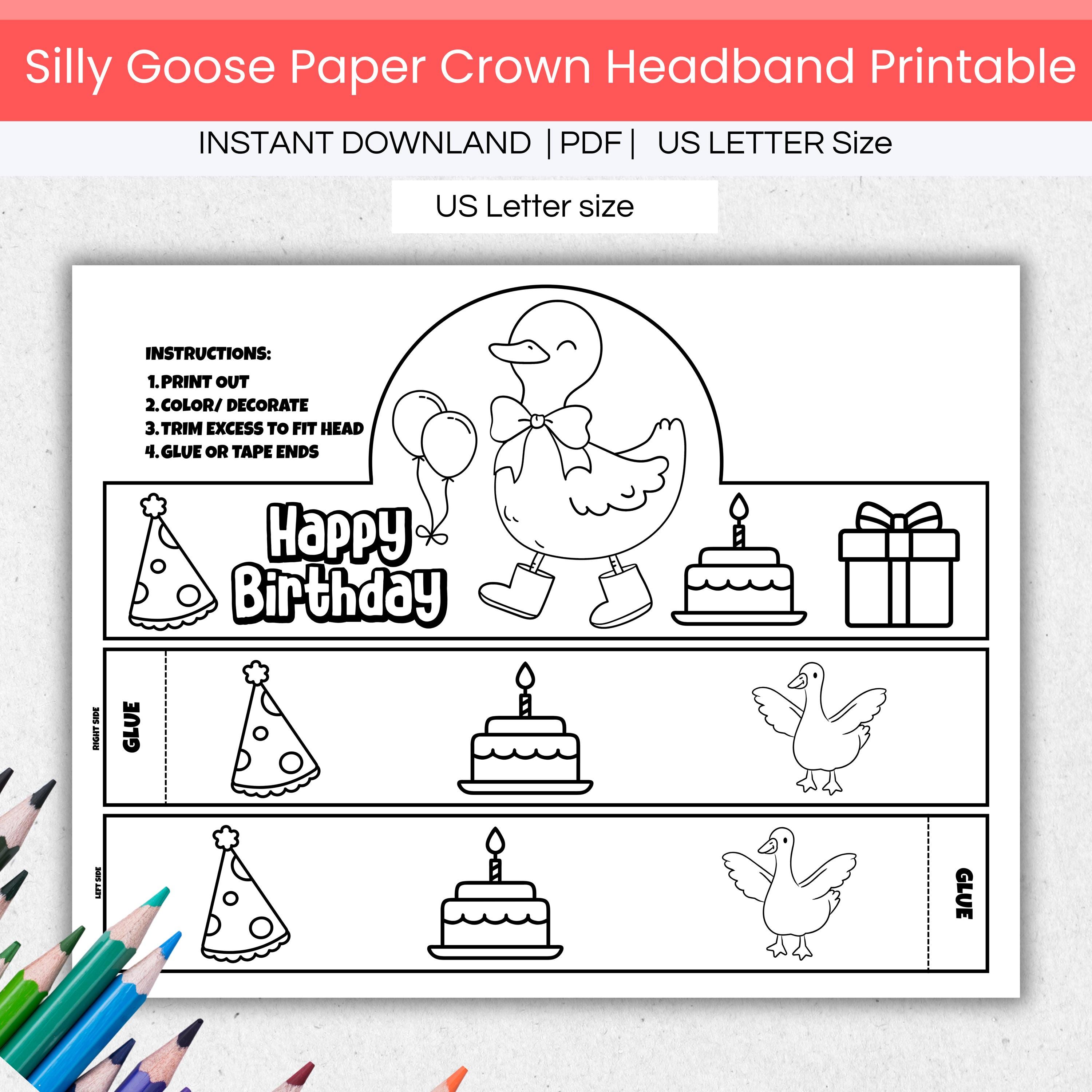 Silly Goose Paper Headband for Kids Printable, Birthday Party Coloring ...