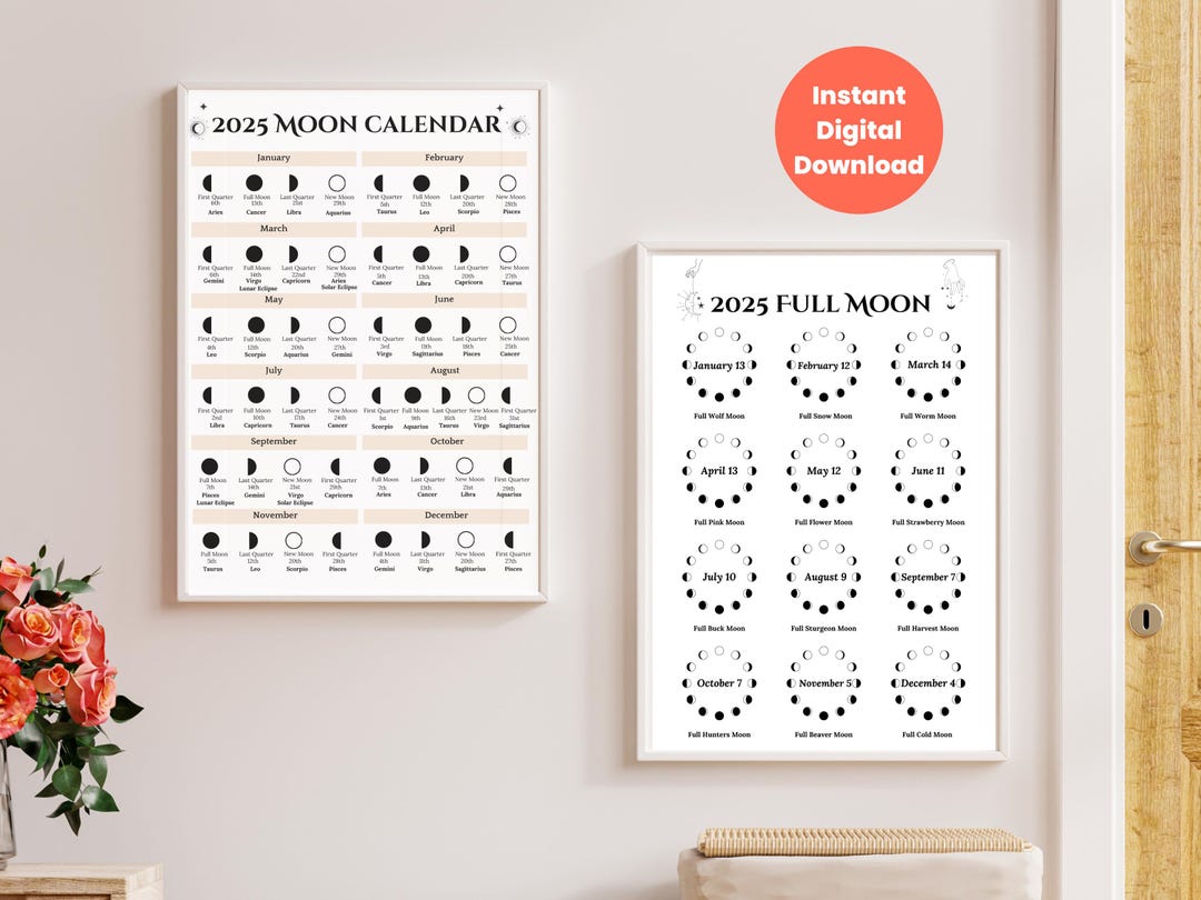 2025 Moon Calendar Printable, Full Moon Calendar, Moon Phase Calendar ...