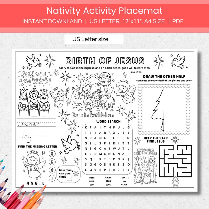 Nativity Activity Placemat for Kids, Christmas Birth of Jesus Coloring ...