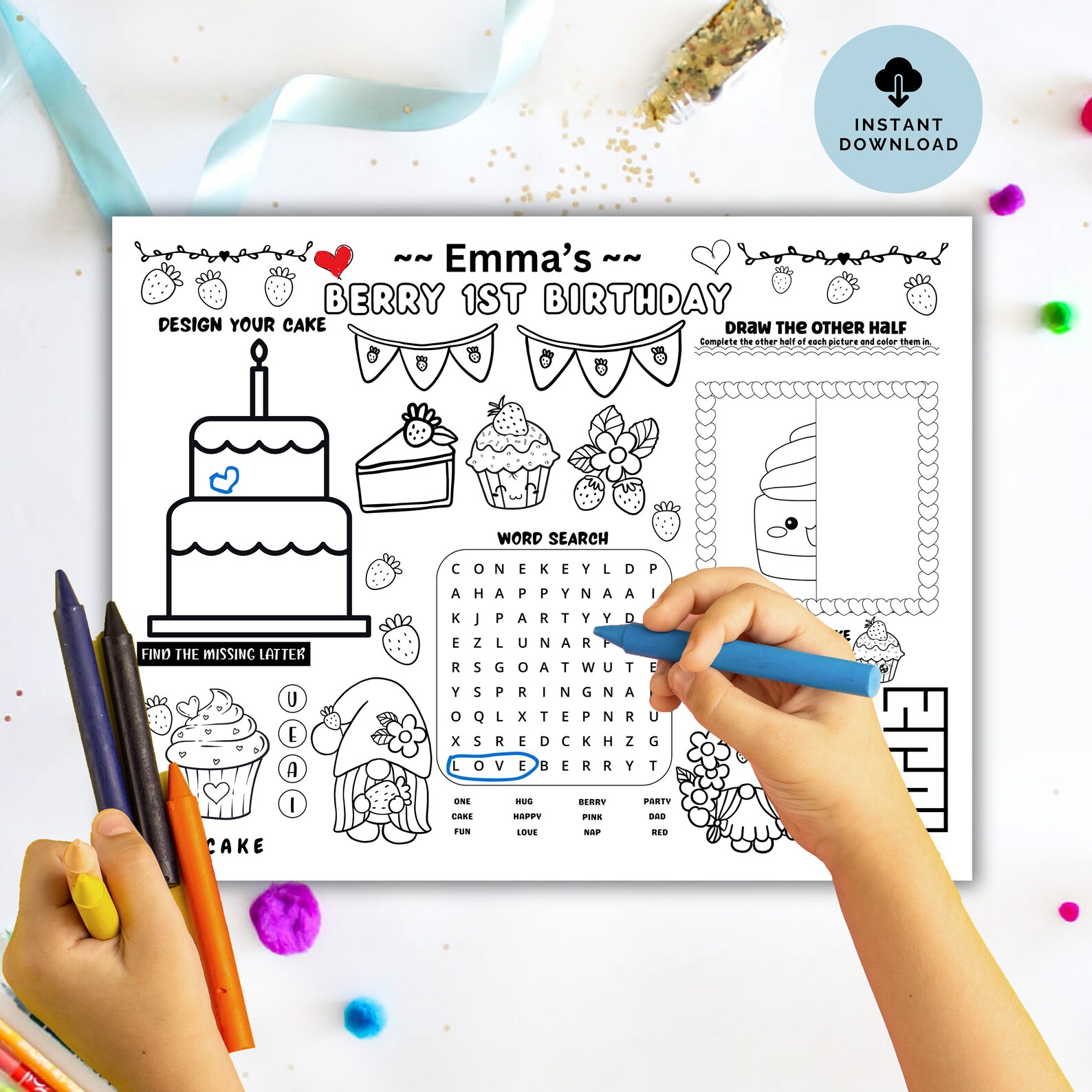 Editable Berry 1st Birthday Party Activity Placemat Coloring Sheet ...