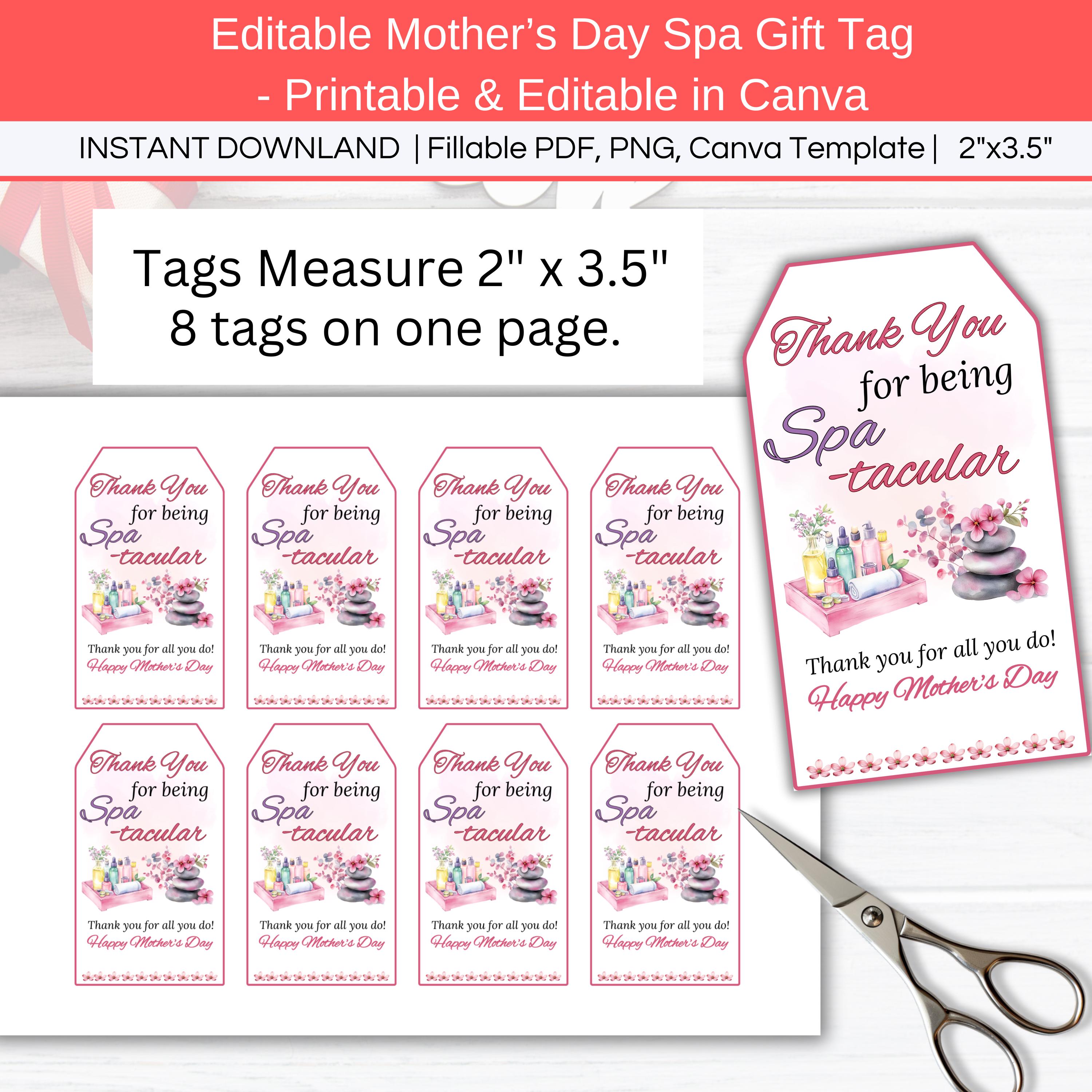 Spa Gift Basket Tag Happy Mother's Day Gift Tag, Editable Spa-tacular ...