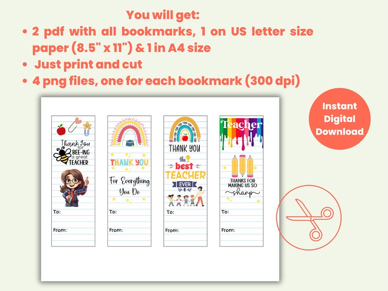 Printable Teacher Appreciation Bookmark Set, Teacher Bookmark, Thank ...