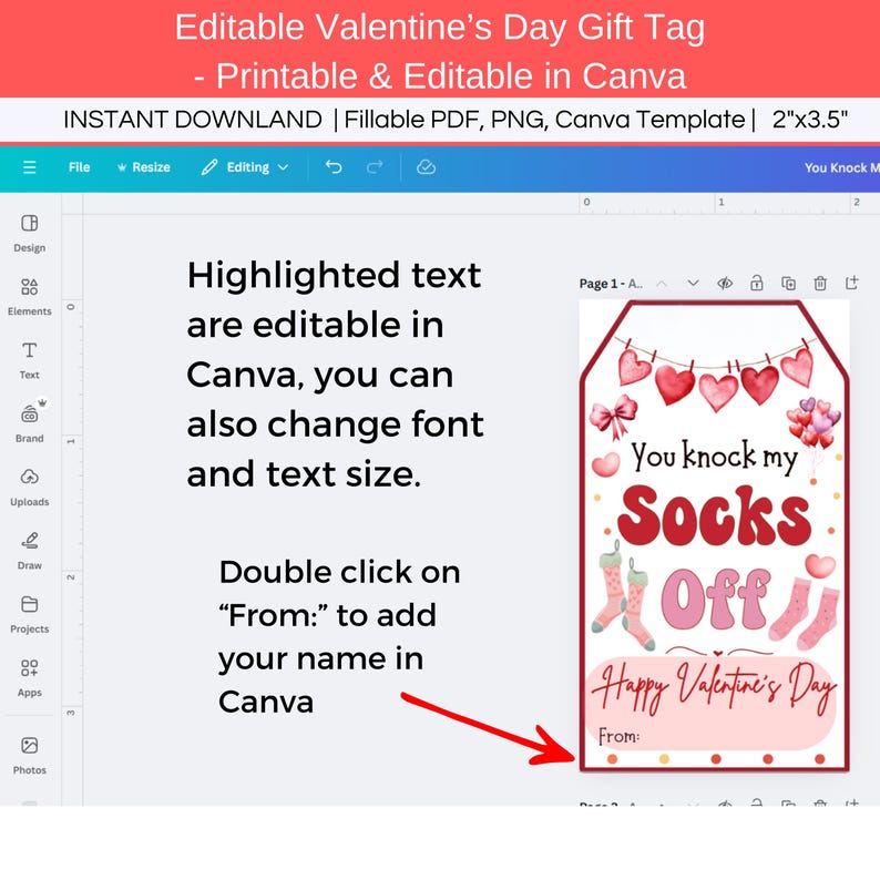 You Knock My Socks off Valentine Gift Tag Printable, Happy Valentine's ...