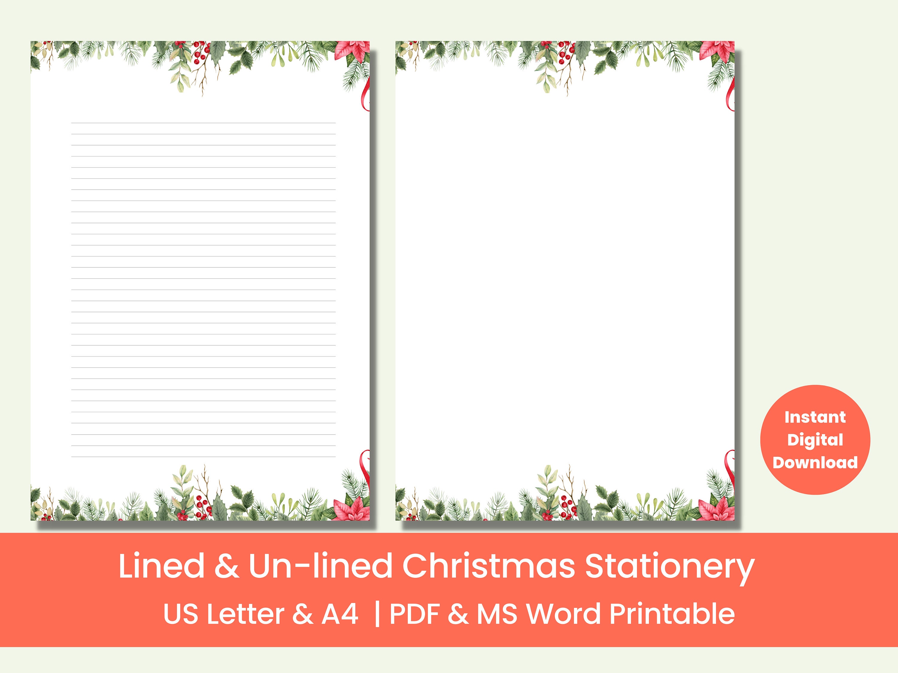 Printable Winter Christmas Stationery Paper Garland Berries Digital ...