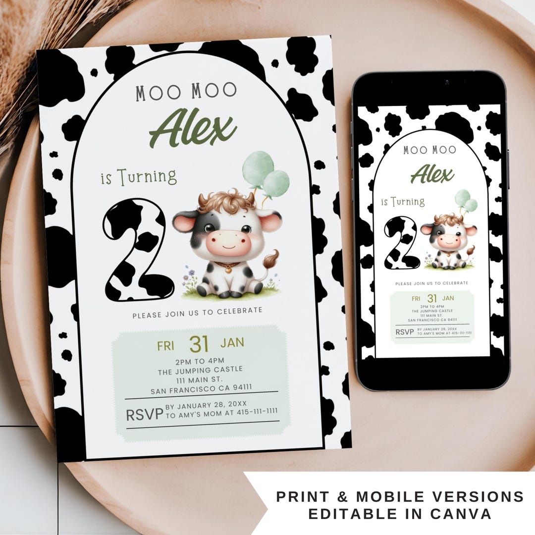 Moo Moo I'm Two Farm Animal 2nd Birthday Invitation, Editable Gender ...