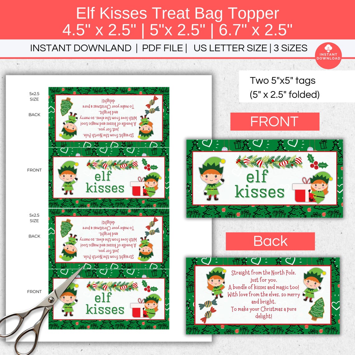 Elf Kisses Treat Bag Tag Topper Printable, Elf Kisses Label, Winter ...