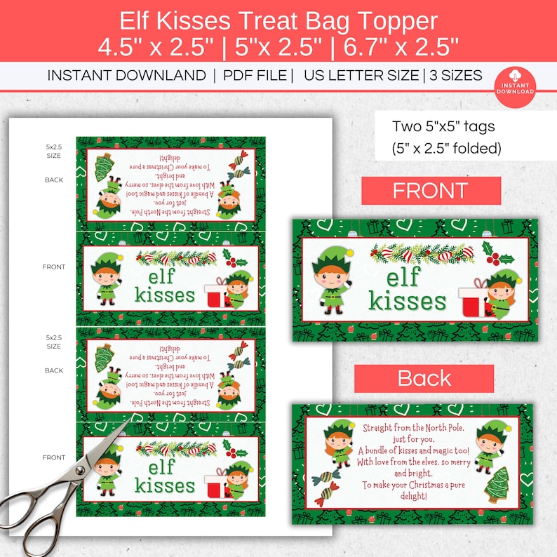 Elf Kisses Treat Bag Tag Topper Printable, Elf Kisses Label, Winter ...