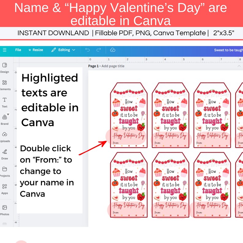 How Sweet It is to Be Taught by You Printable Valentine Tag, Editable ...