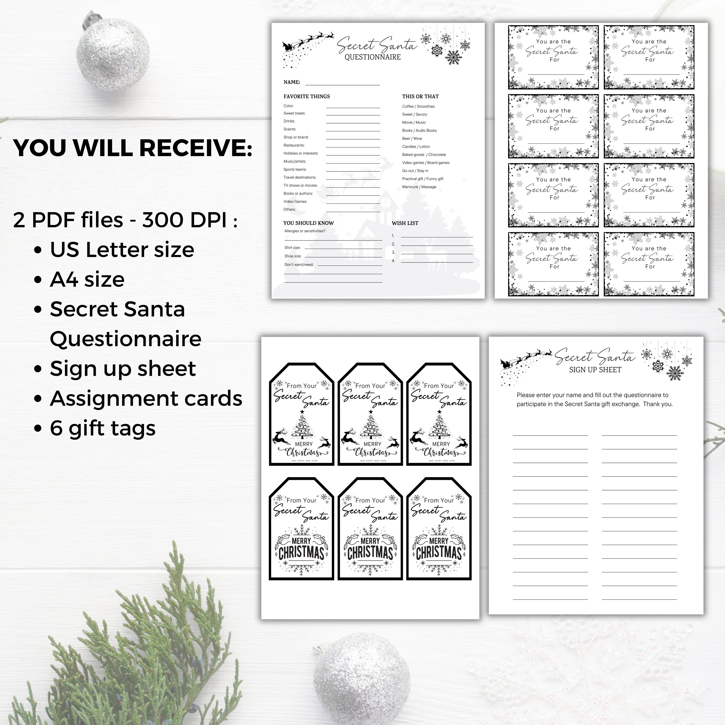 Secret Santa Questionnaire Printable Bundle, Secret Santa Gift Tags ...