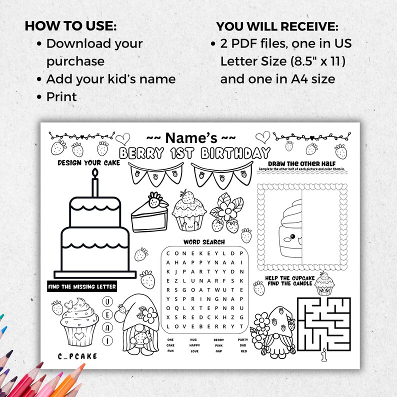Editable Berry 1st Birthday Party Activity Placemat Coloring Sheet ...