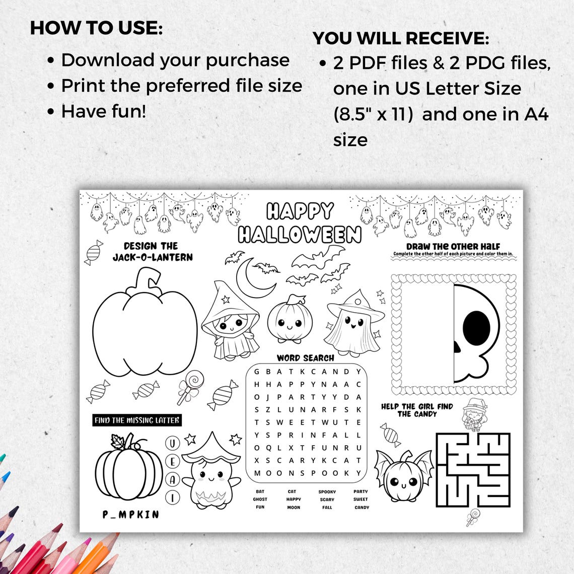 Halloween Activity Page Printable, Halloween Kids Activity Placemat ...