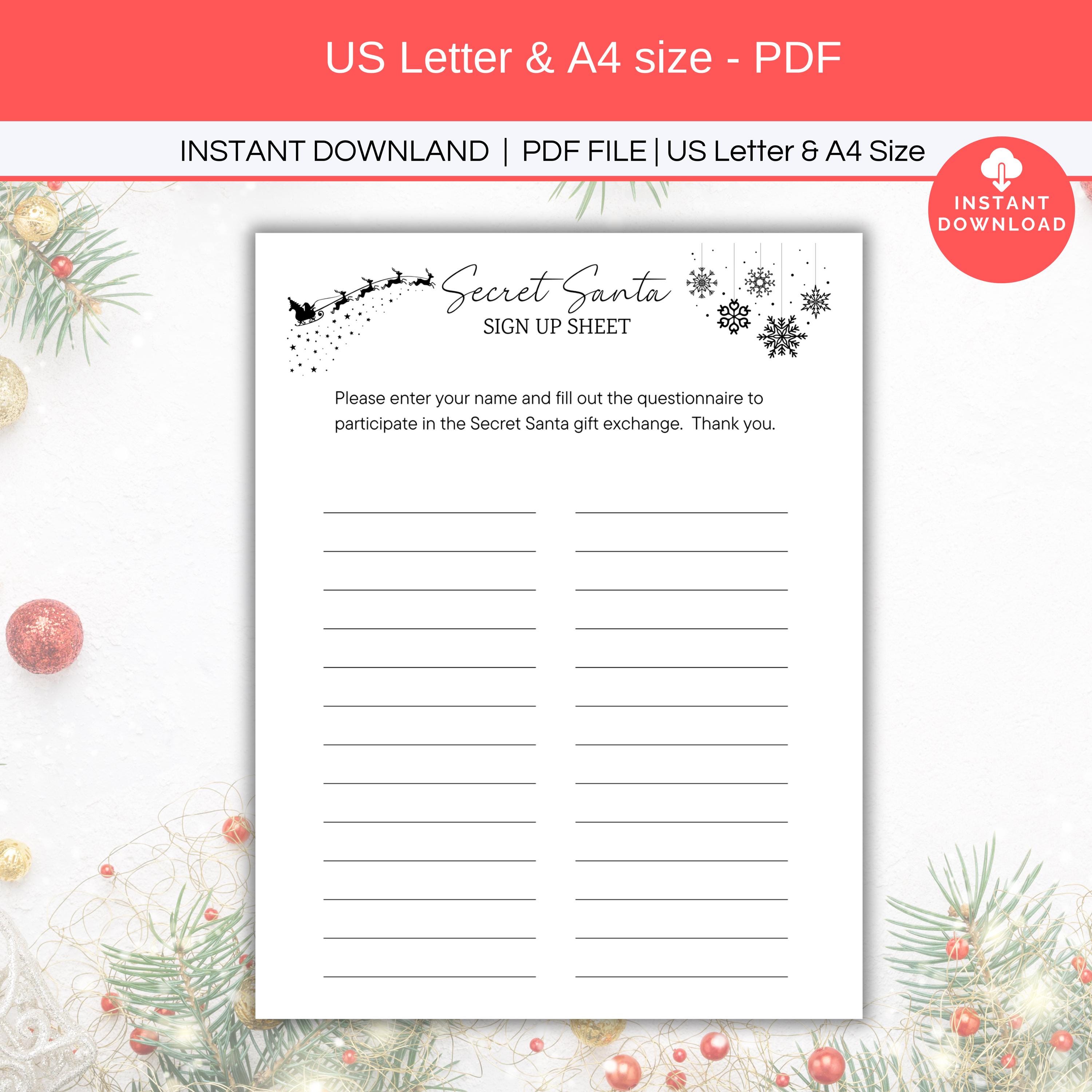 Secret Santa Questionnaire Printable Bundle, Secret Santa Gift Tags ...
