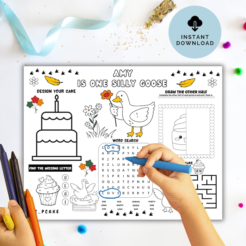 One Silly Goose Birthday Party Coloring Activity Placemat, Editable ...