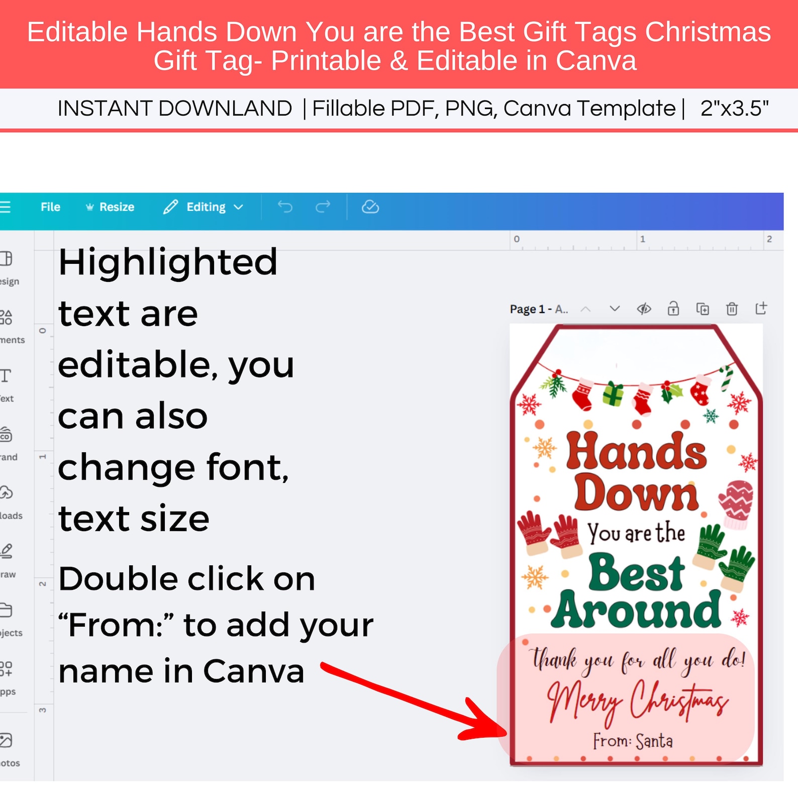 Hands Down You're the Best Tag, Editable Christmas Thank You Gift Tag ...