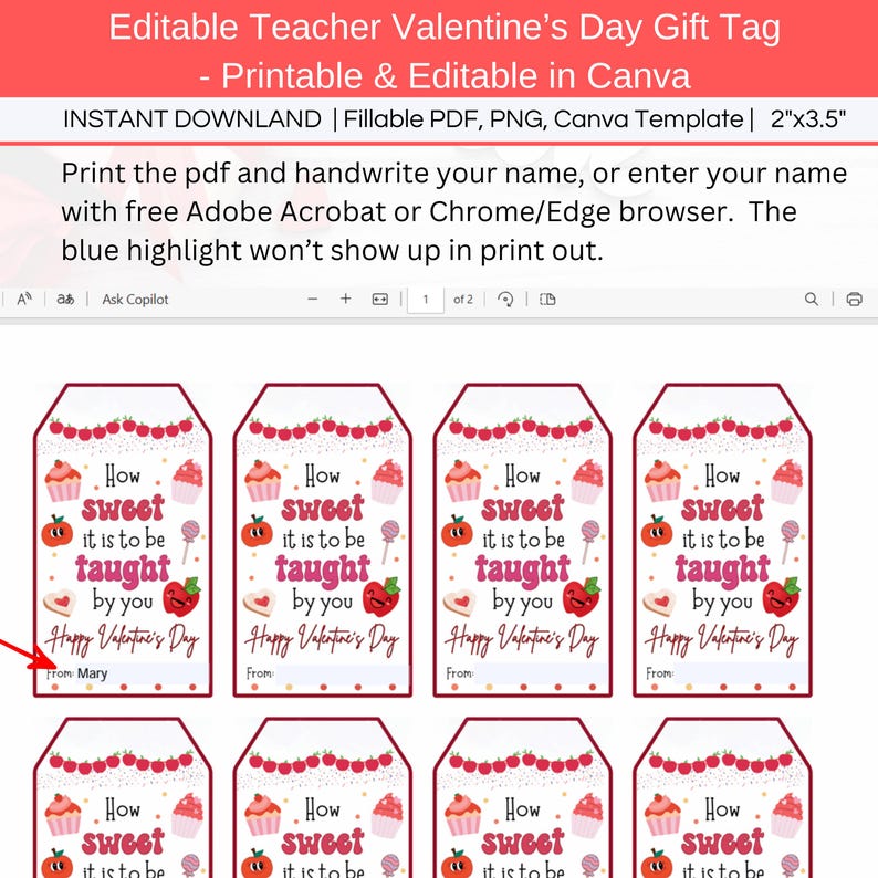 How Sweet It is to Be Taught by You Printable Valentine Tag, Editable ...