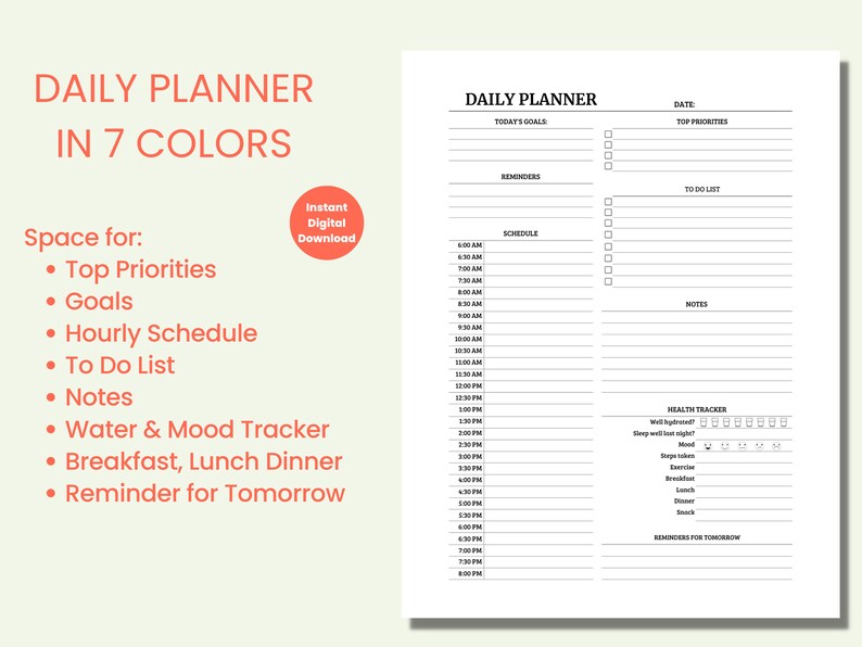 Daily Planner Printable in 7 Colors, Hourly Scheudle, to Do List, Water ...