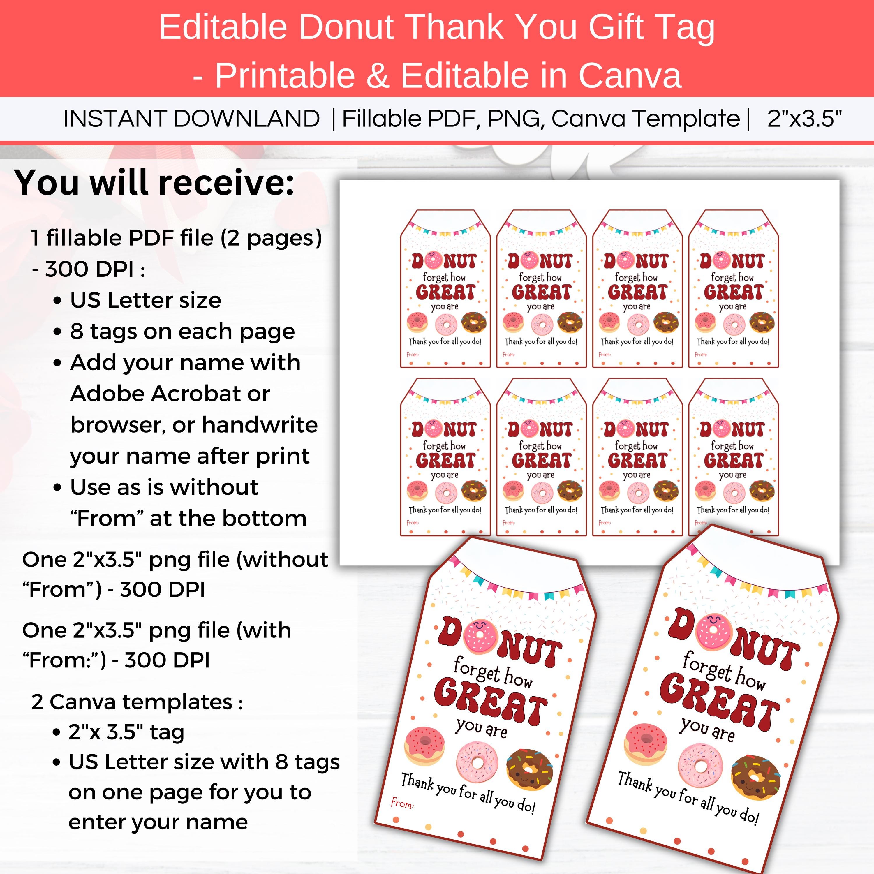 Donut Thank You Gift Tag Printable, Editable Donut Forget How Great You ...