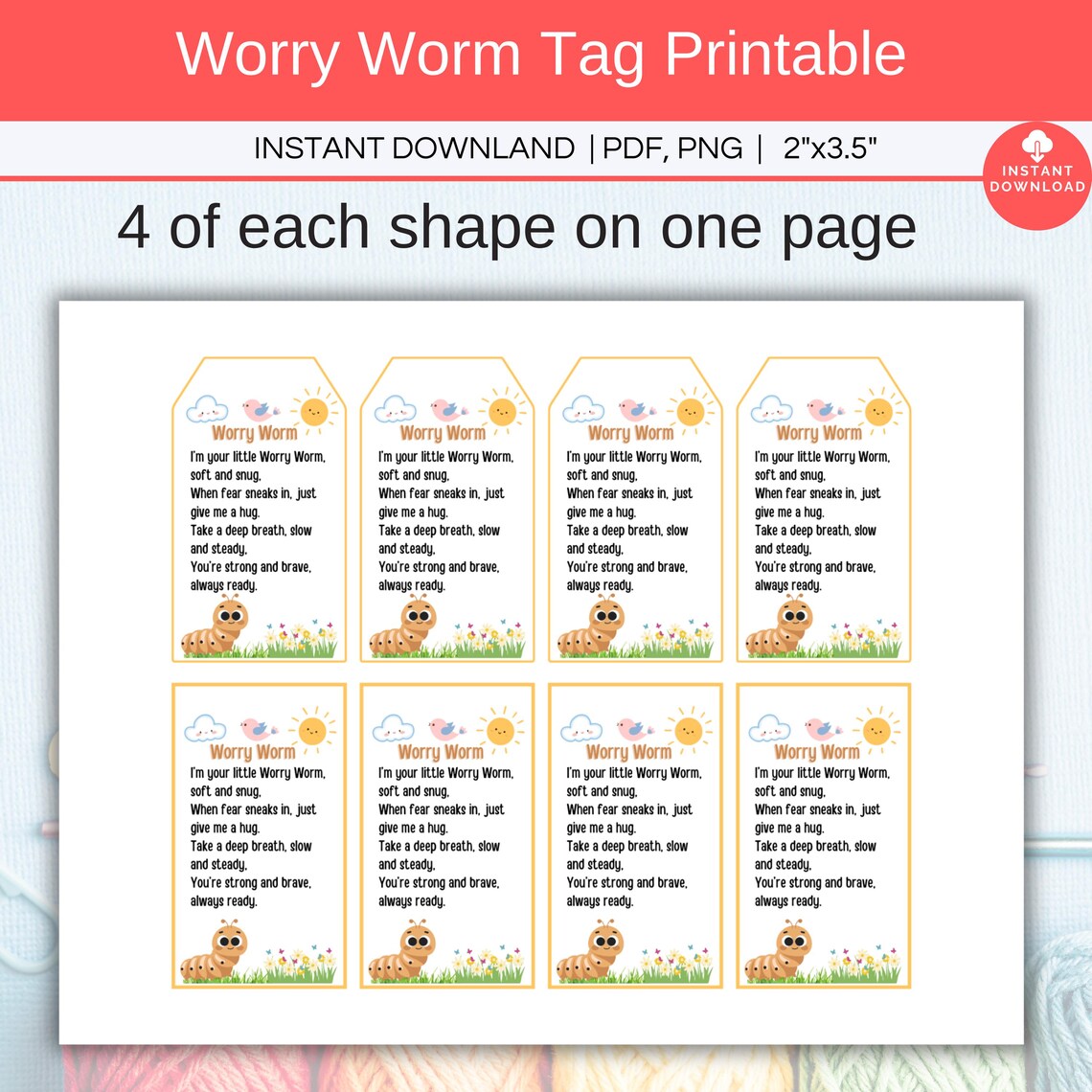 Worry Worm Tags, Printable Labels for Crochet Worms, Anxiety Relief ...