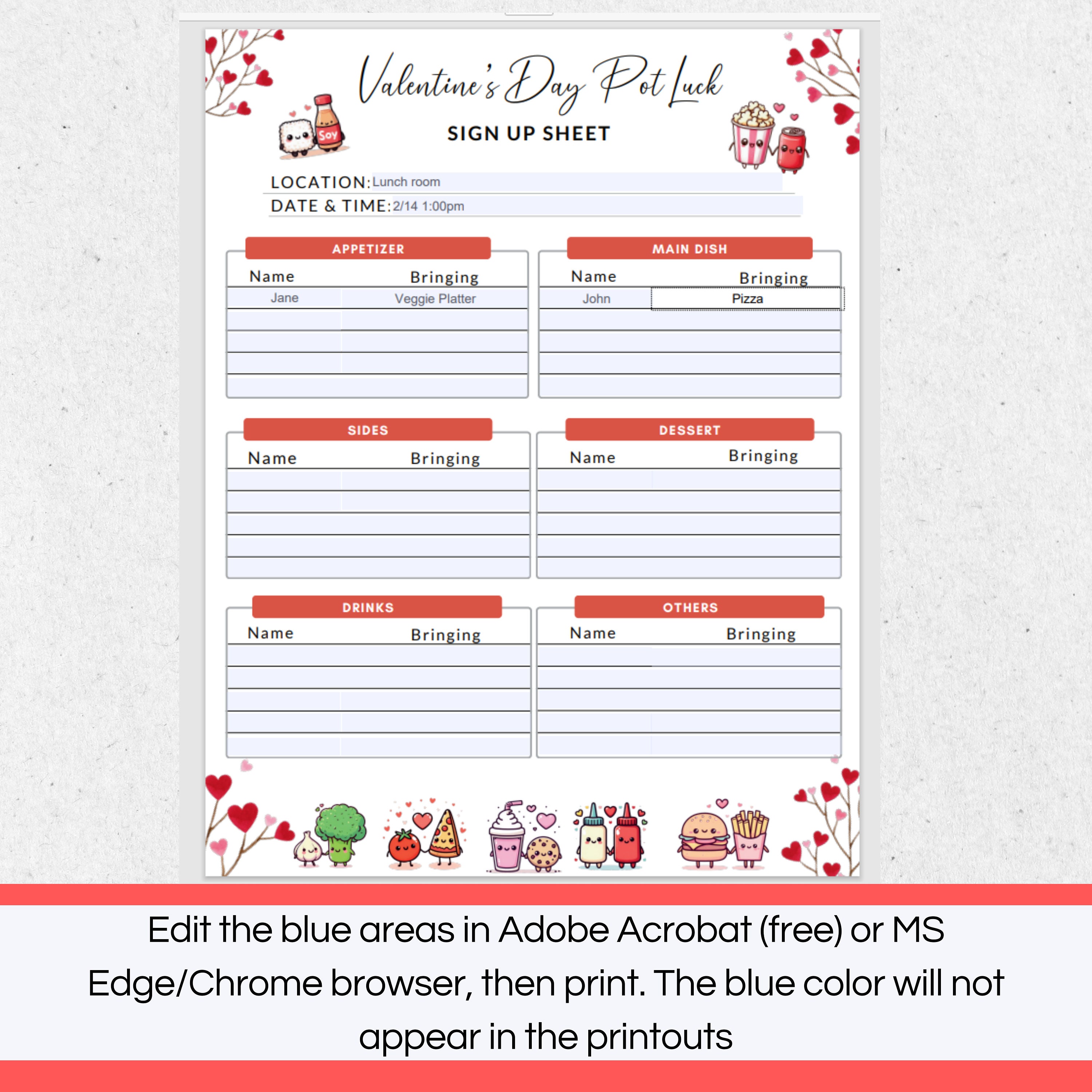 Editable Valentine's Day Pot Luck Sign up Sheet Printable, Potluck ...
