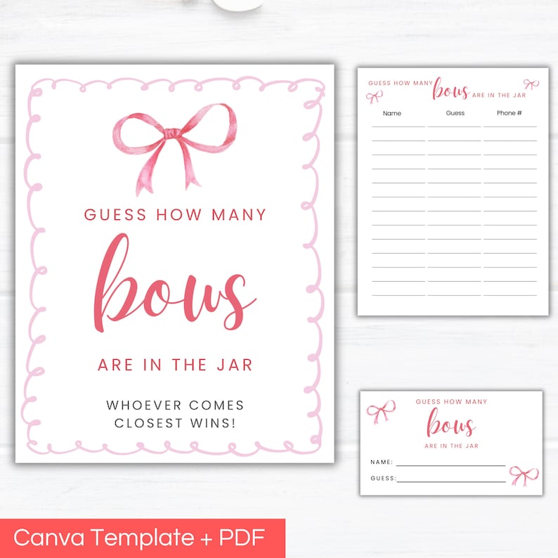 Guess How Many Bows Game Printable Sign Answer Card Tracking Sheet ...