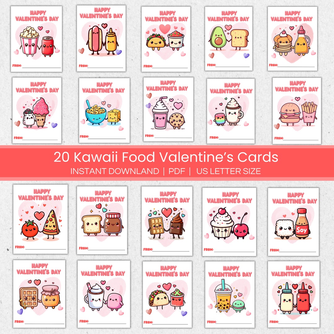 Printable Valentines Cards for Kids, Kawaii Food Valentine's Day Cards ...