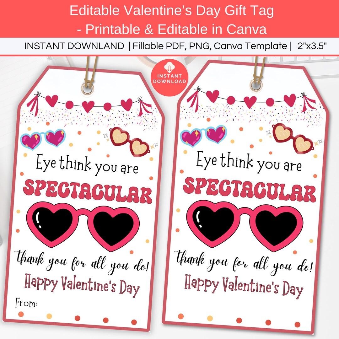 Sunglasses Valentine Tag Editable, Heart Sunglasses Gift Tag Printable ...