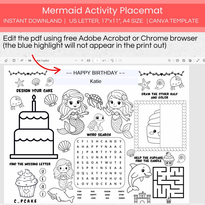 Printable Mermaid Activity Placemat, Under the Sea Kids Coloring Sheet ...