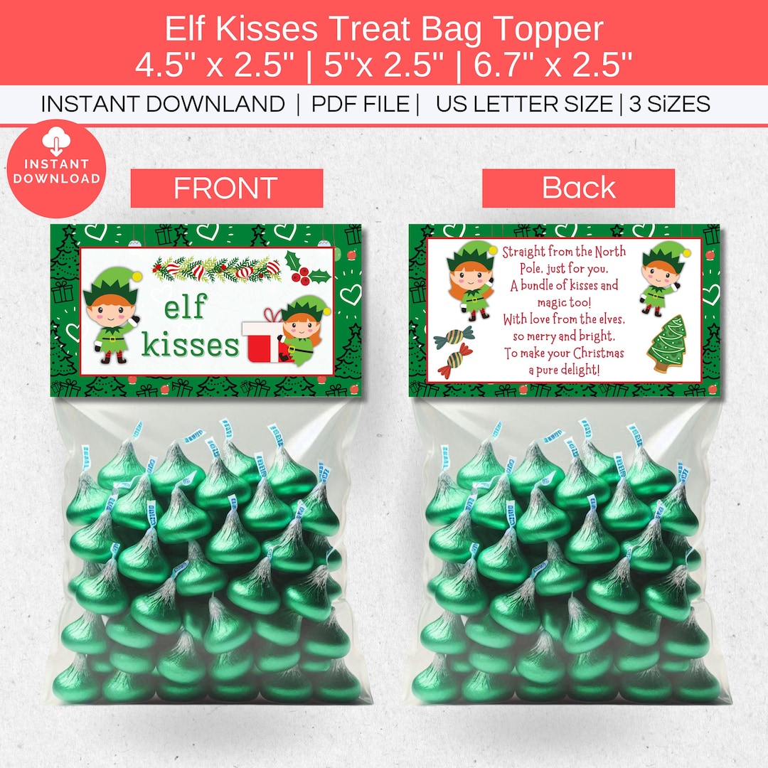 Elf Kisses Treat Bag Tag Topper Printable, Elf Kisses Label, Winter ...