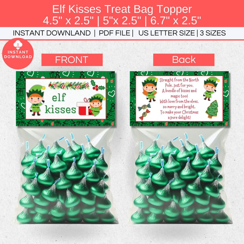 Elf Kisses Treat Bag Tag Topper Printable, Elf Kisses Label, Winter ...