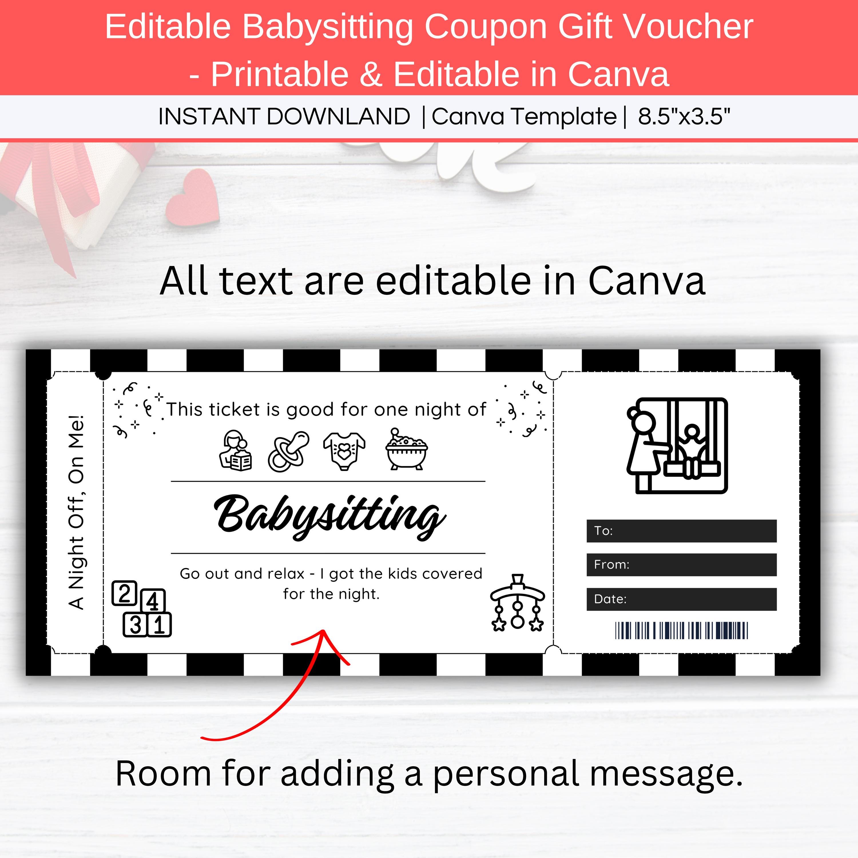 One Free Night Babysitting Coupon Canva Template, Editable Date Night ...