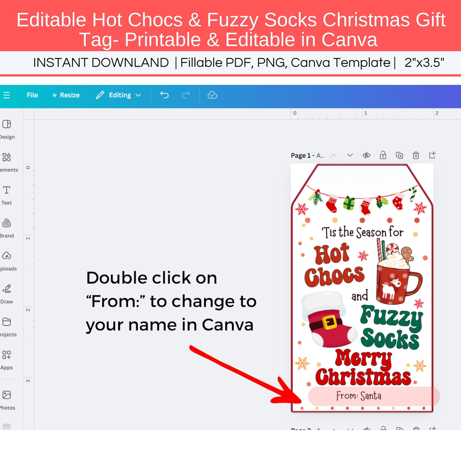 Hot Chocs & Fuzzy Socks Tag, Editable Christmas Gift Tag, Hot Cocoa ...
