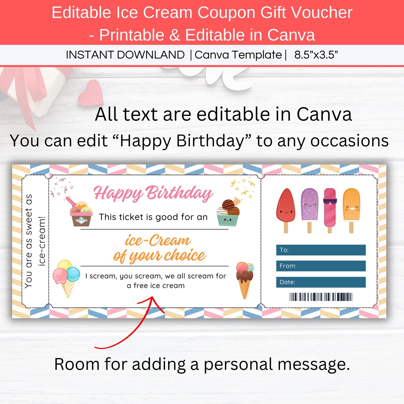 Printable Ice Cream Coupons, Editable Happy Birthday Ice Cream Gift ...